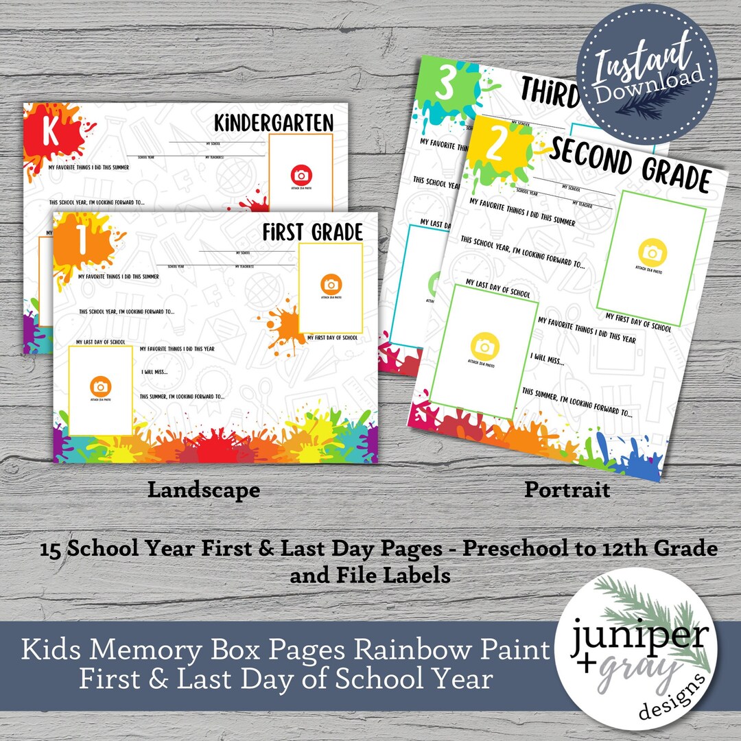 Printable School Memory Box Files - Rainbow Paint Kids First & Last Day ...