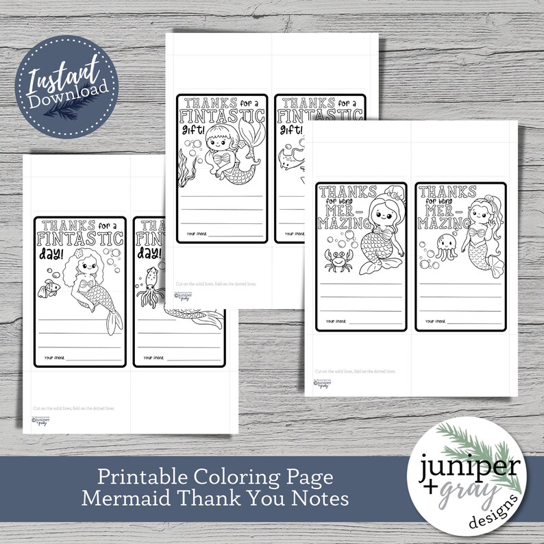 Printable Mermaid Thank You Notes: Coloring Page Cards (PDF) - Etsy