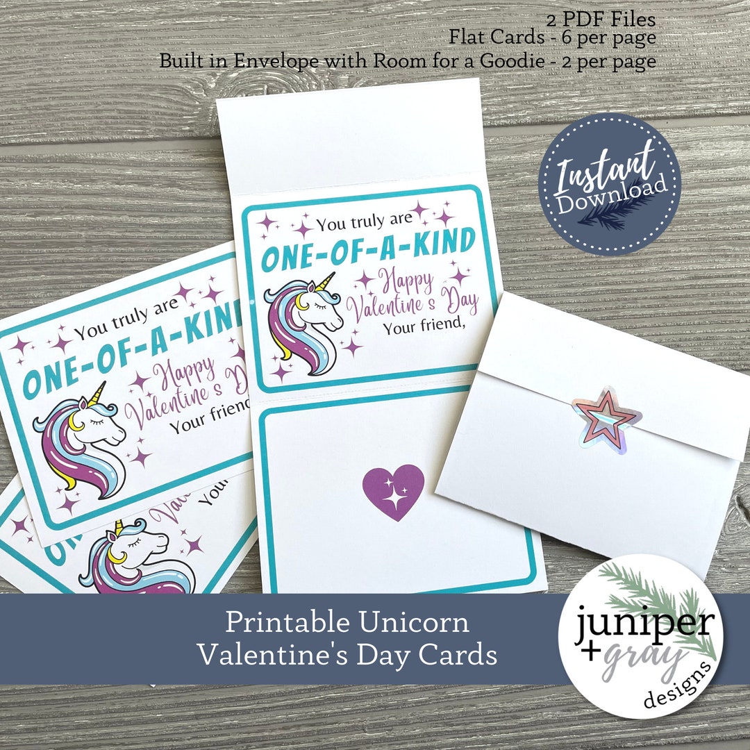 Kids Printable Unicorn Valentines Day Card - Preschool Girls Valentine ...