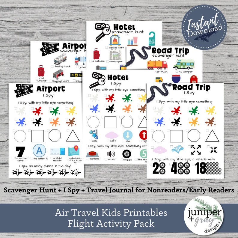 Printable Kids Travel Activity Pack - Scavenger Hunt I Spy - Early ...