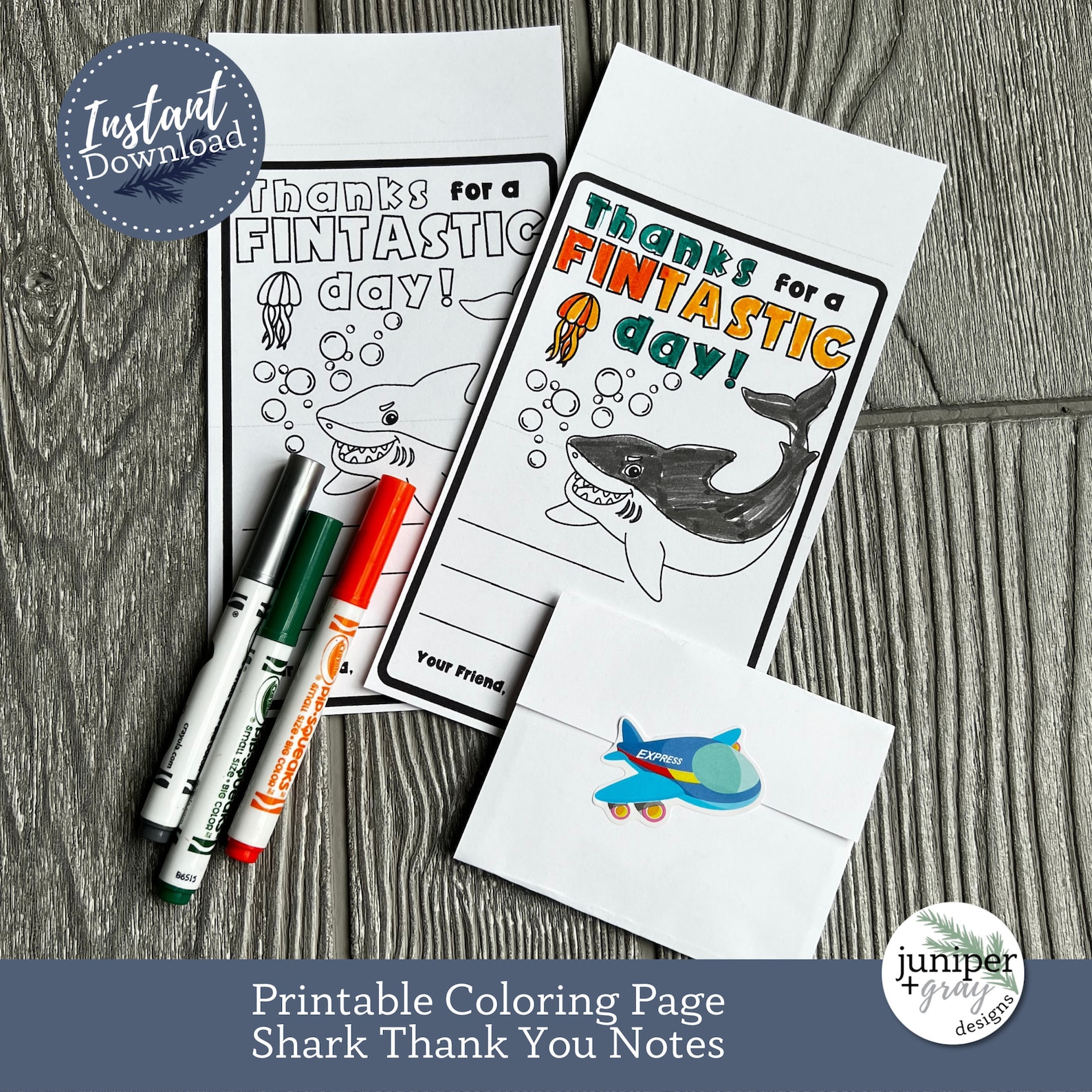 Shark Thank You Notes: Kids Coloring Page Cards (instant Download PDF ...