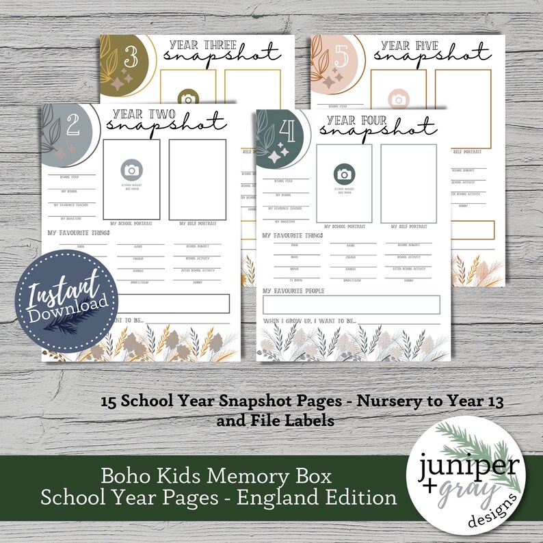 Printable School Memory Box Files (UK) - Boho Kids School Year Memory ...