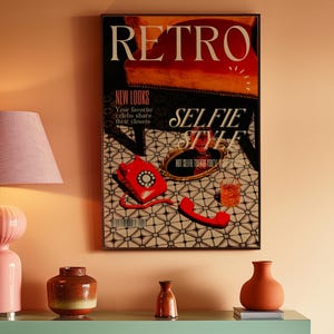 Retro Magazine Cover Poster, Vintage Red Phone Art, Selfie Style Decor ...