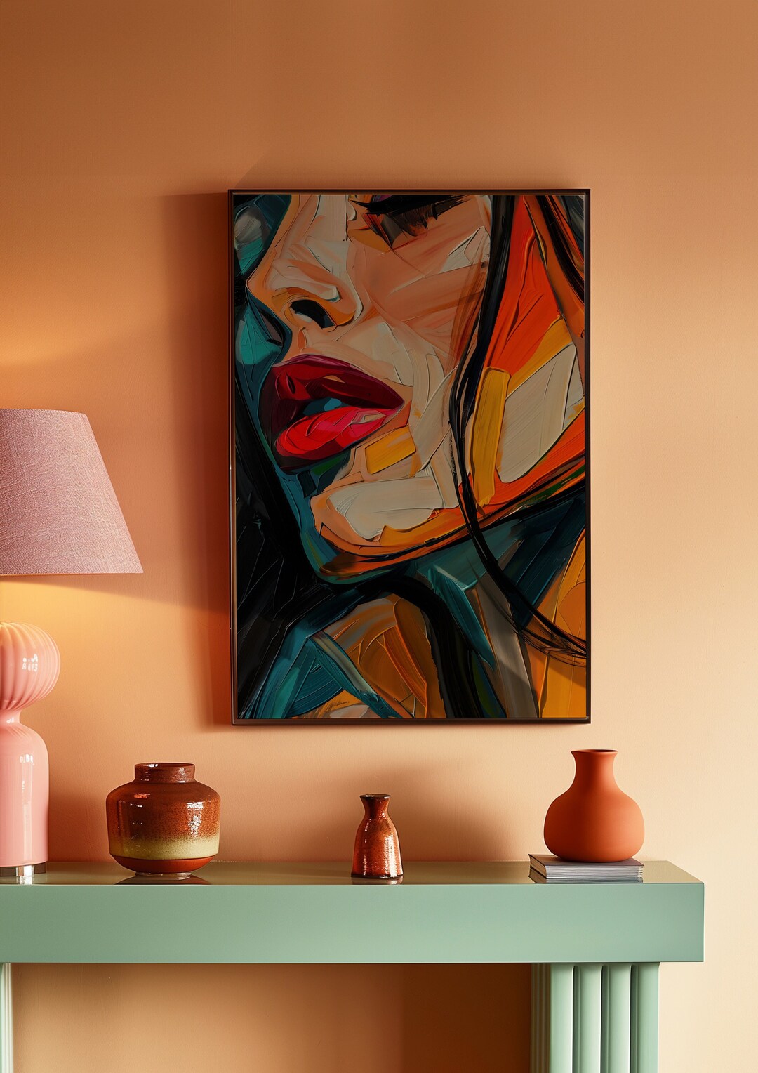 Woman Face Poster, Abstract Retro Poster, Red Lip Poster, Oil Abstract ...
