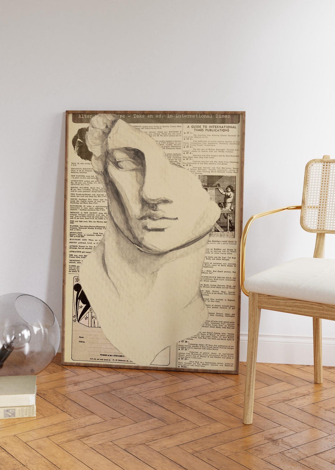Minimal Greek Bust Print, Vintage Newspaper Collage, Neutral Decor ...