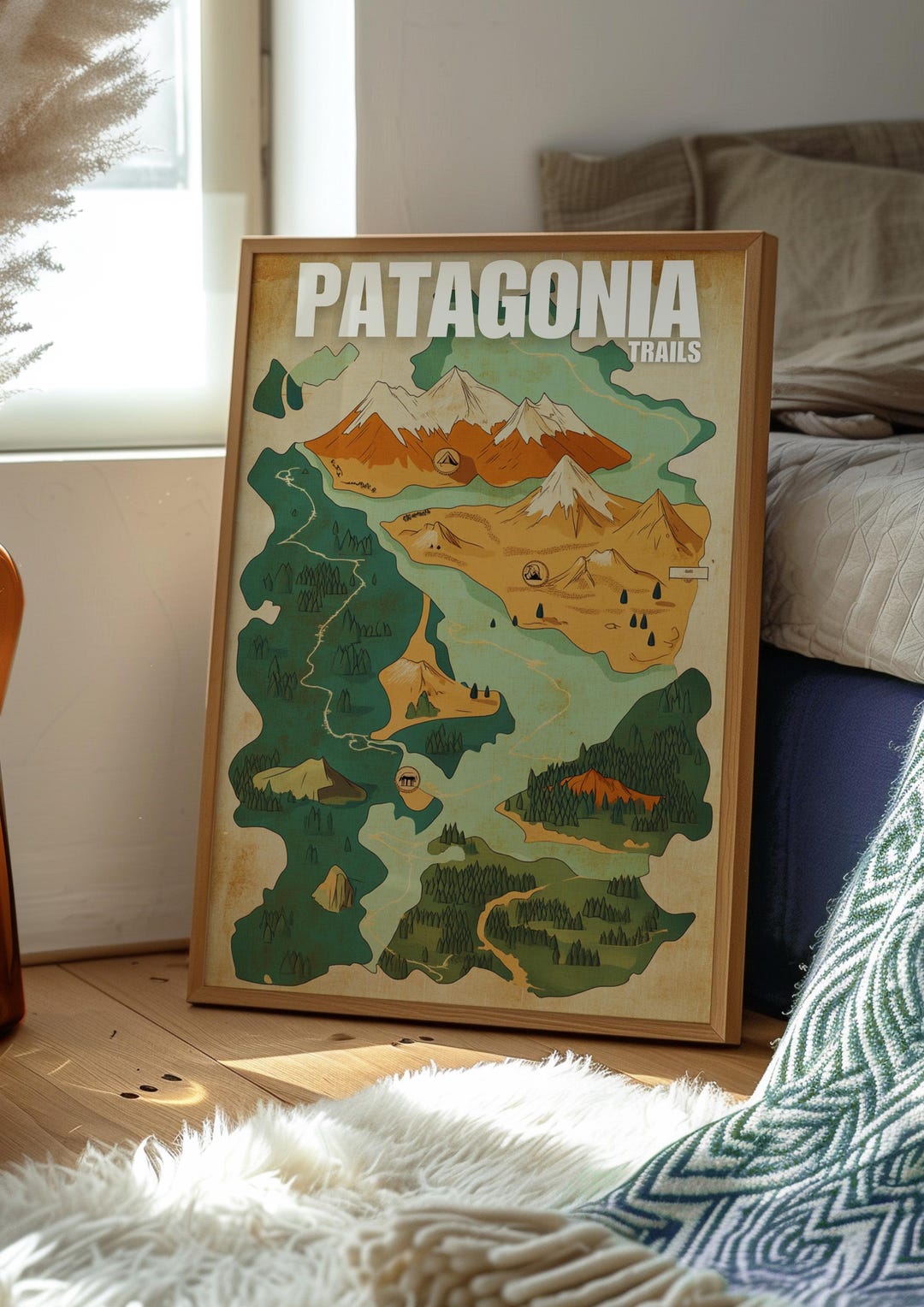 Patagonia Trails Illustrated Map Poster, Vintage Hiking Adventure Wall ...