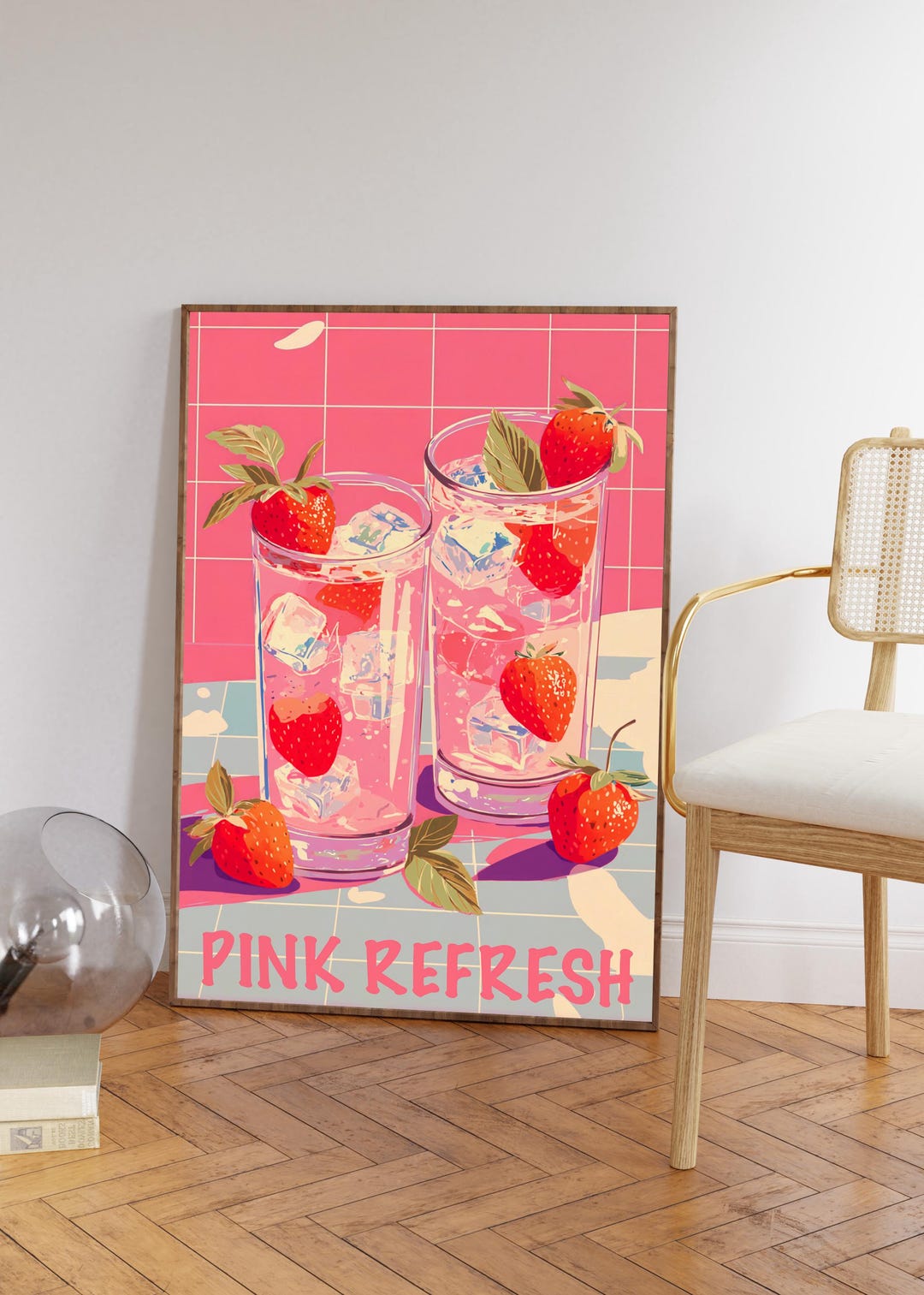 Pink Refresh Strawberry Drink Poster, Summer Kitchen Wall Art, Retro ...