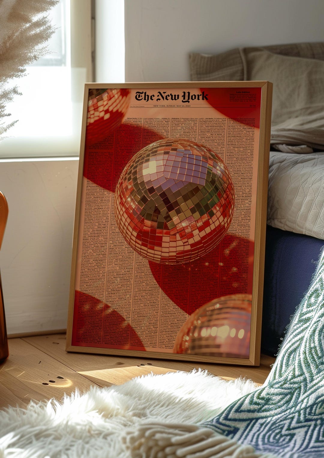 Disco Ball Newspaper Poster, Retro Light Reflection Wall Art, Modern ...