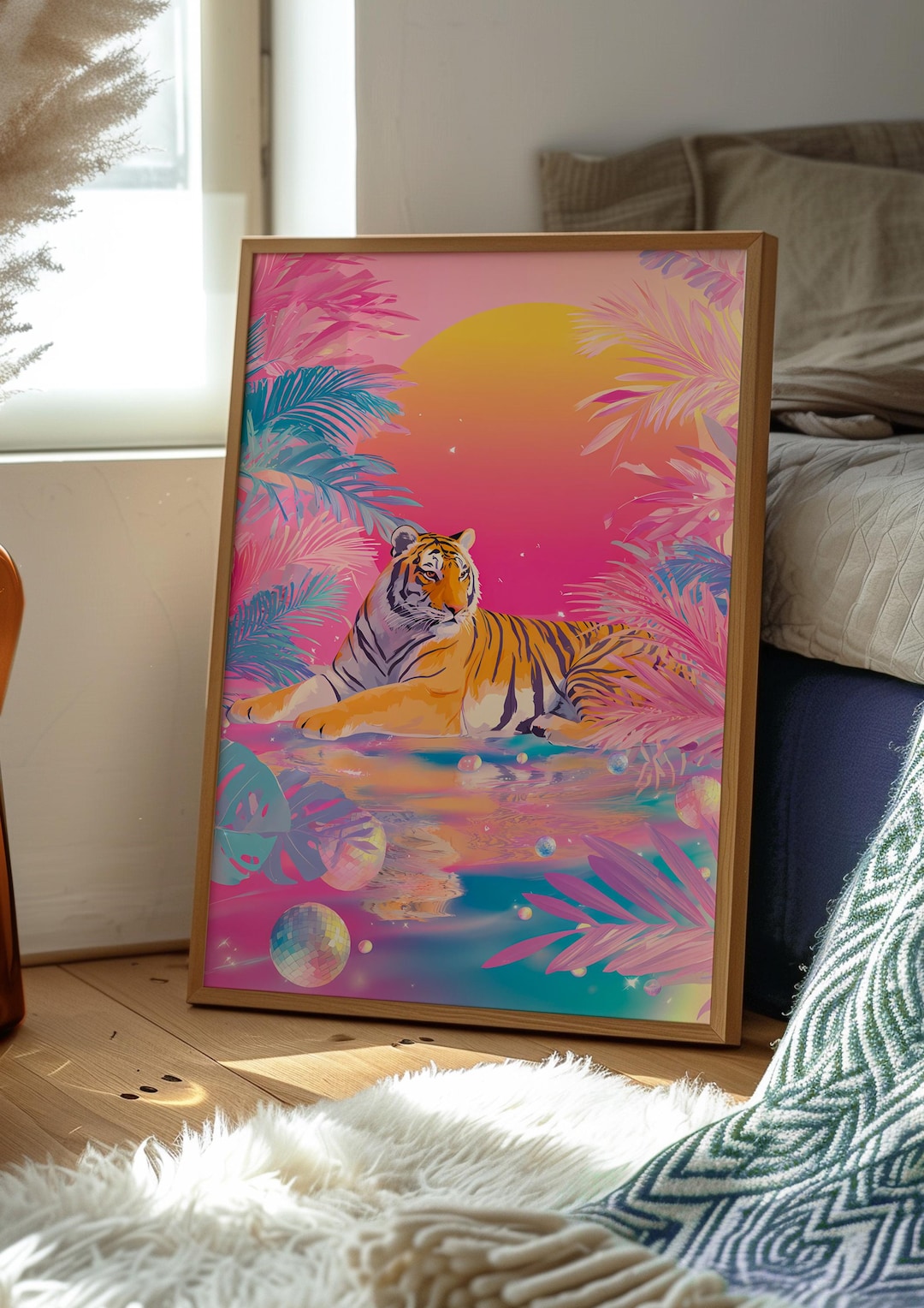 Tropical Tiger Disco Poster Pink Jungle Sunset Wall Art - Etsy