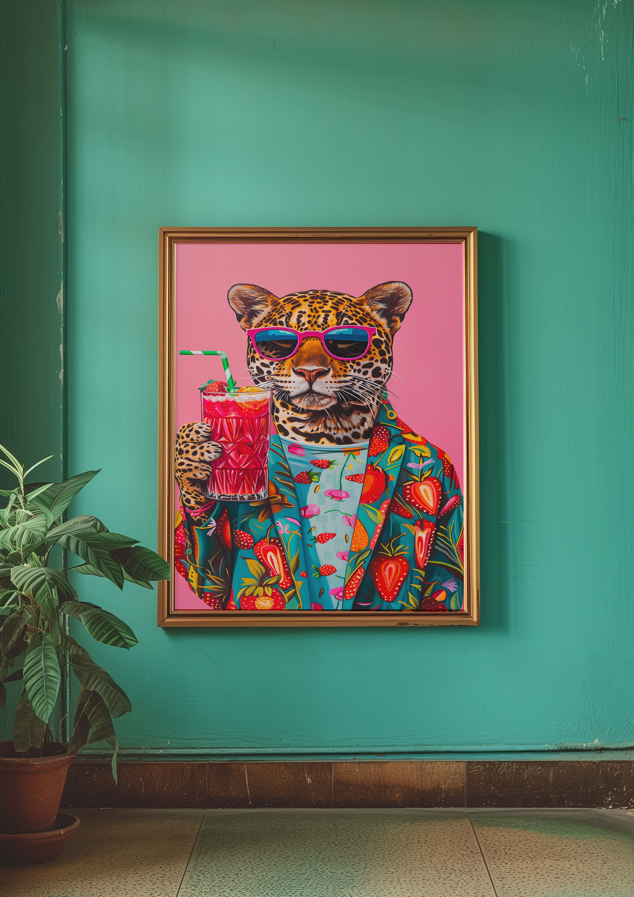 Animal Portrait Decor, Kitsch Aesthetic Print, Cocktail Poster, 70s ...