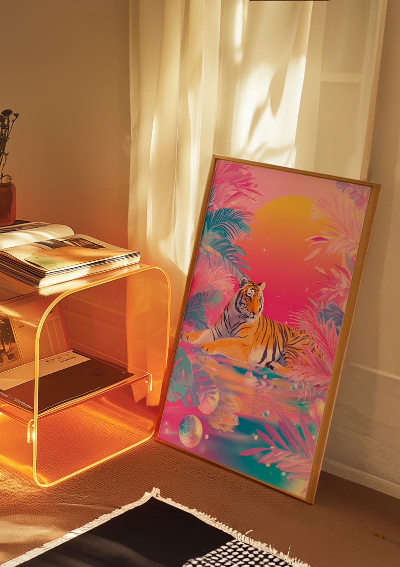 Tropical Tiger Disco Poster Pink Jungle Sunset Wall Art - Etsy