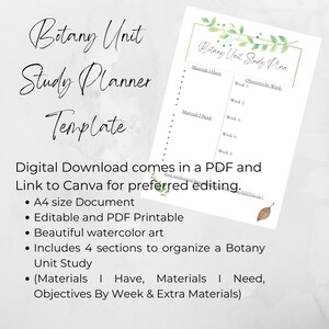 Botany Unit Study Plan Digital Printable PDF and Canva Link to Edit |A4 ...