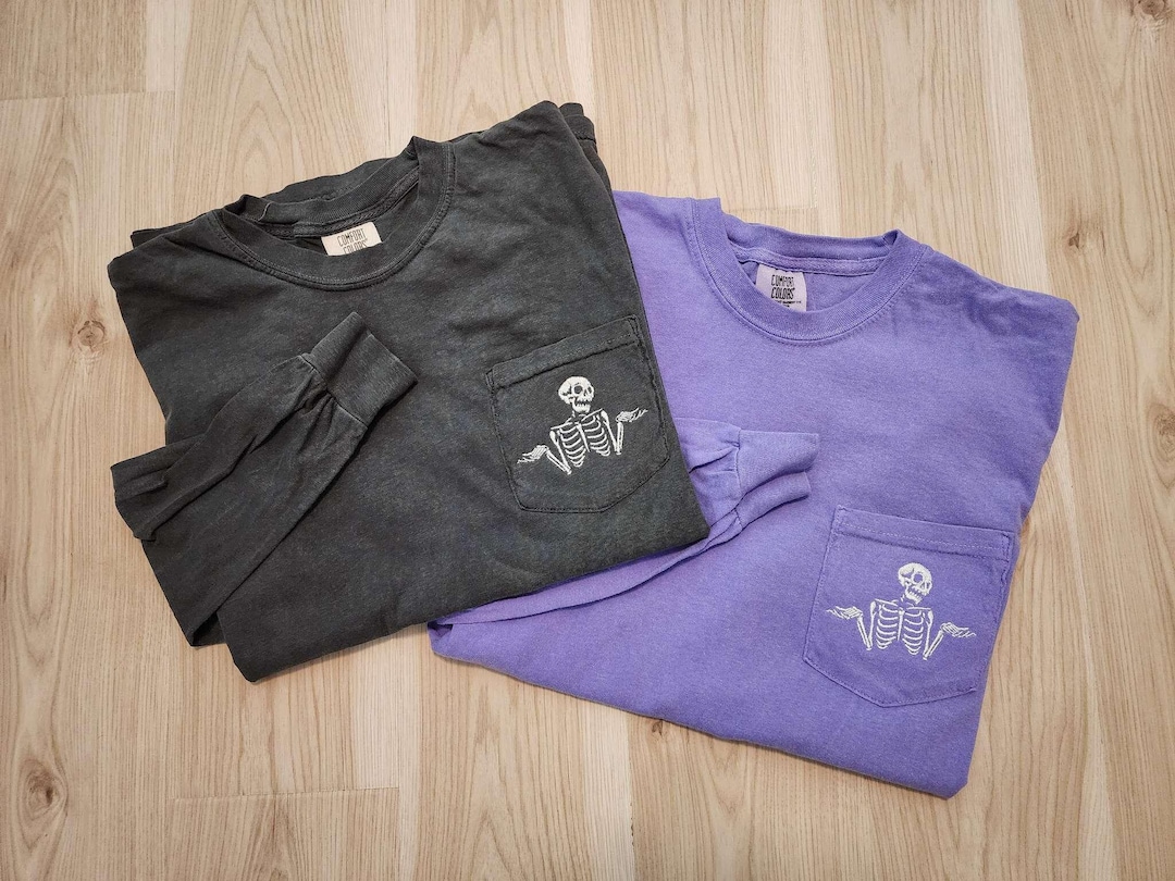 Halloween Shirt Embroidered Shrugging Skeleton Tee Long Sleeve Skeleton ...