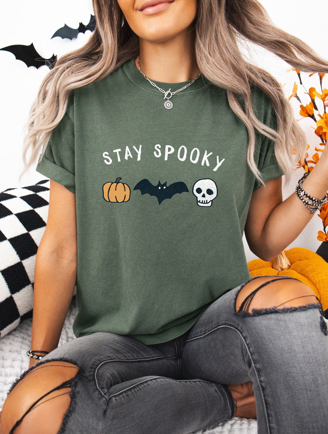 Halloween Shirt Stay Spooky Skull Bat Bats Pumpkin Tee Tshirt Spooky ...