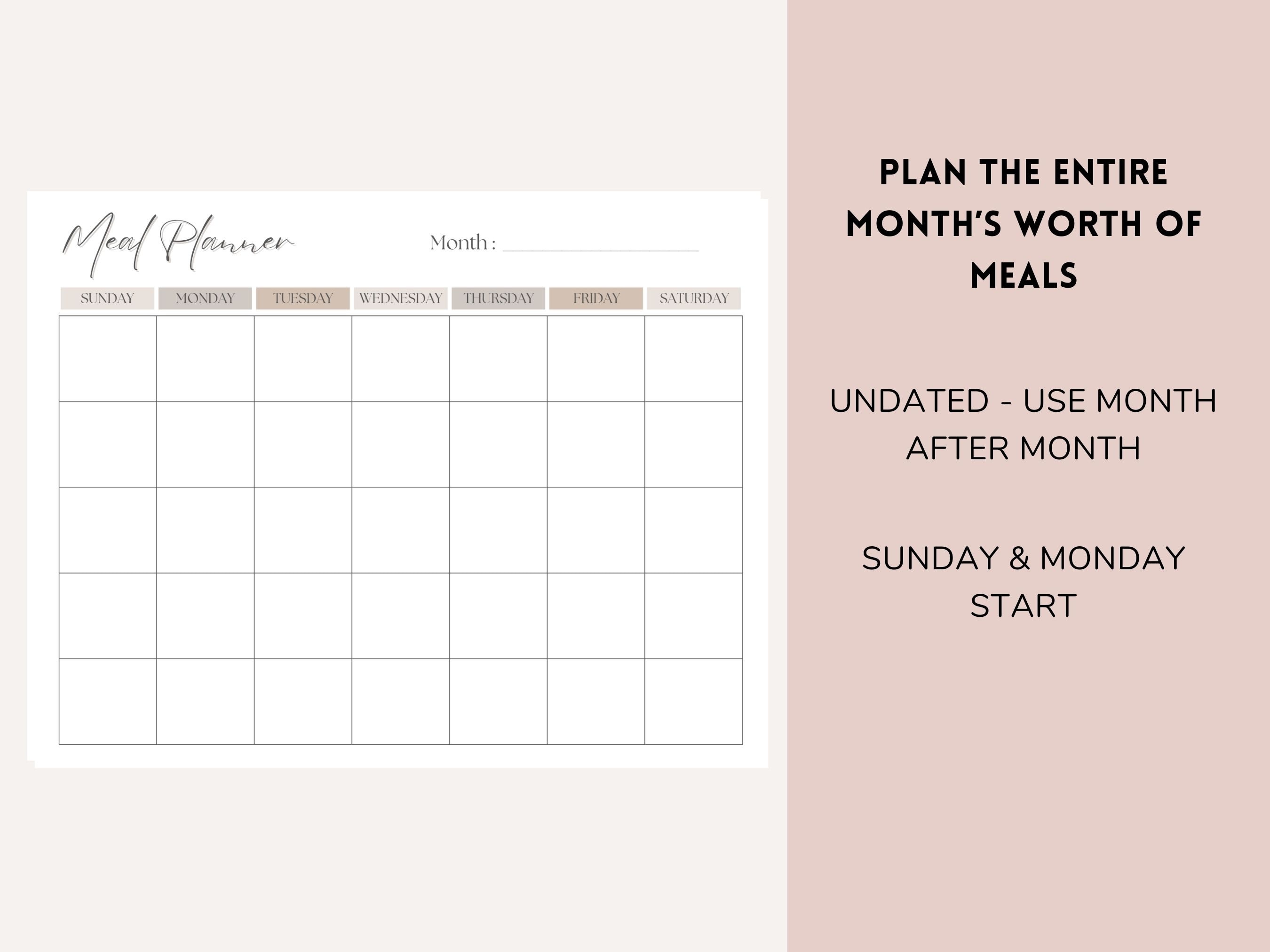 Monthly Meal Planner Printable, Meal Tracker, Food Diary, Food Journal ...