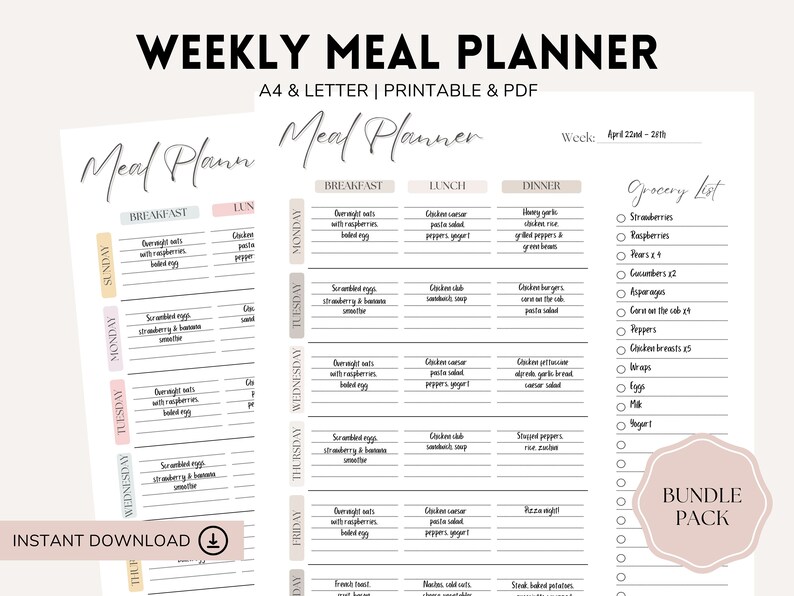 Weekly Meal Planner Printable, Meal Tracker, Food Diary, Food Journal ...