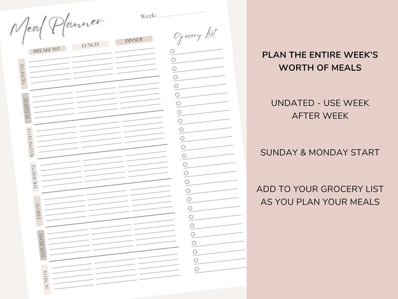 Weekly Meal Planner Printable, Meal Tracker, Food Diary, Food Journal ...