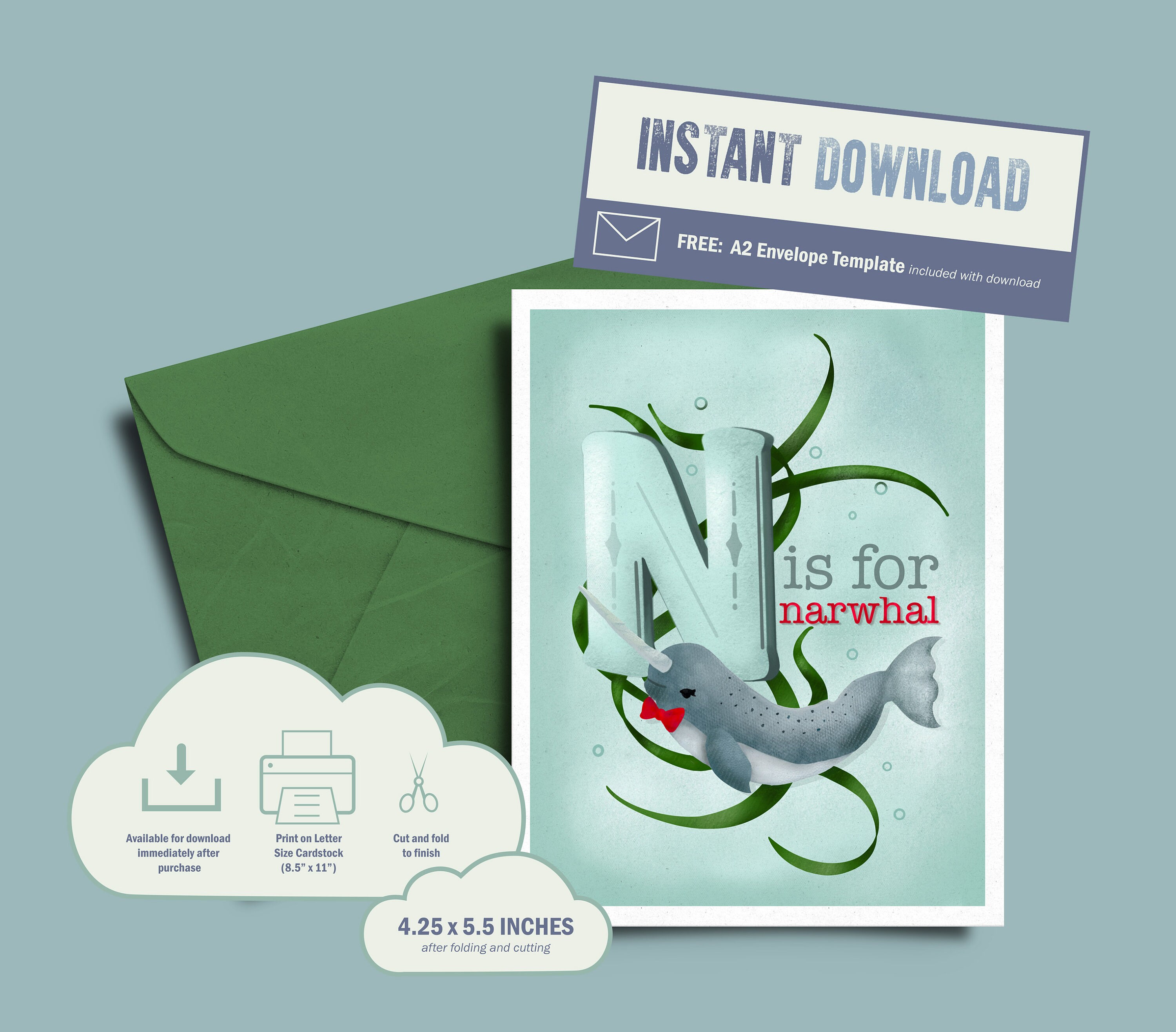 N is for Narwhal Printable Card - Baby Shower Card -instant Download ...