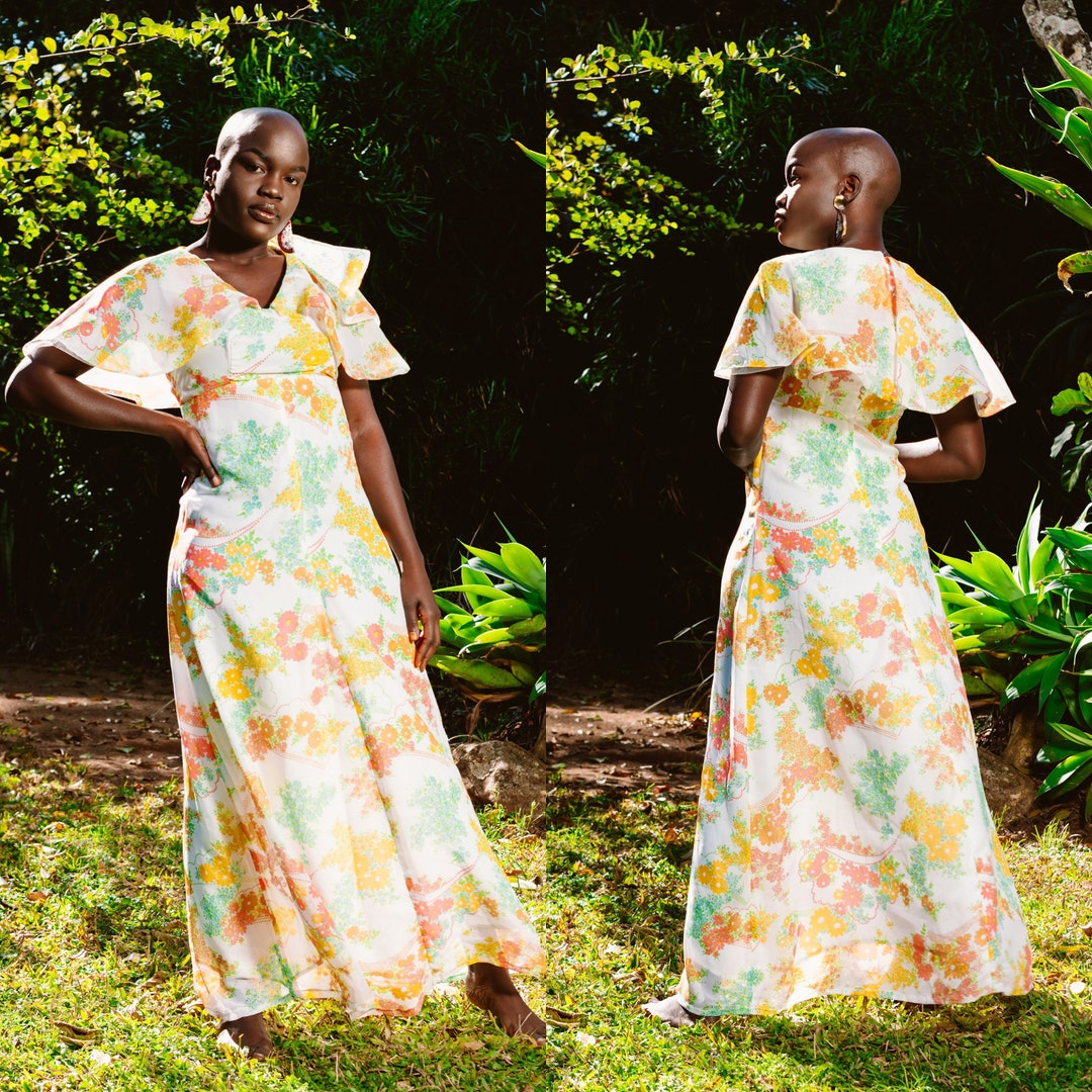 70s Caped Sleeve Maxi Dress - Etsy