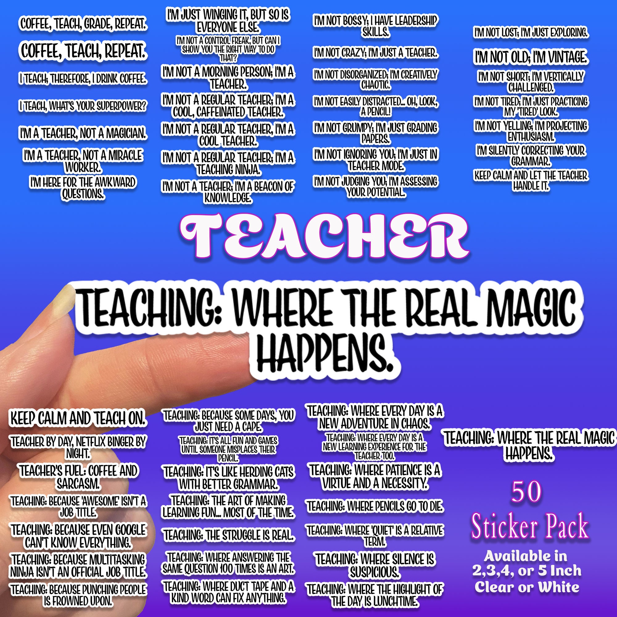 Teacher 50 Sticker Pack Decal for Tumbler, Laptop, Water-bottle, Hydro ...