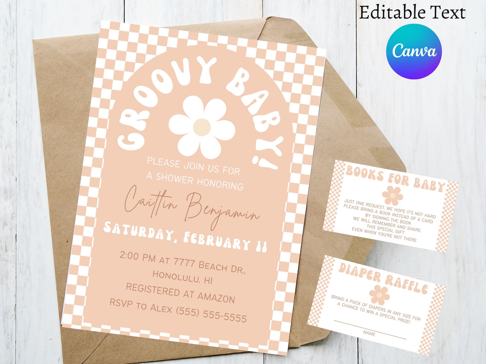 Groovy Baby Shower Invitation, Light Pink Groovy Baby Shower, Checkered ...