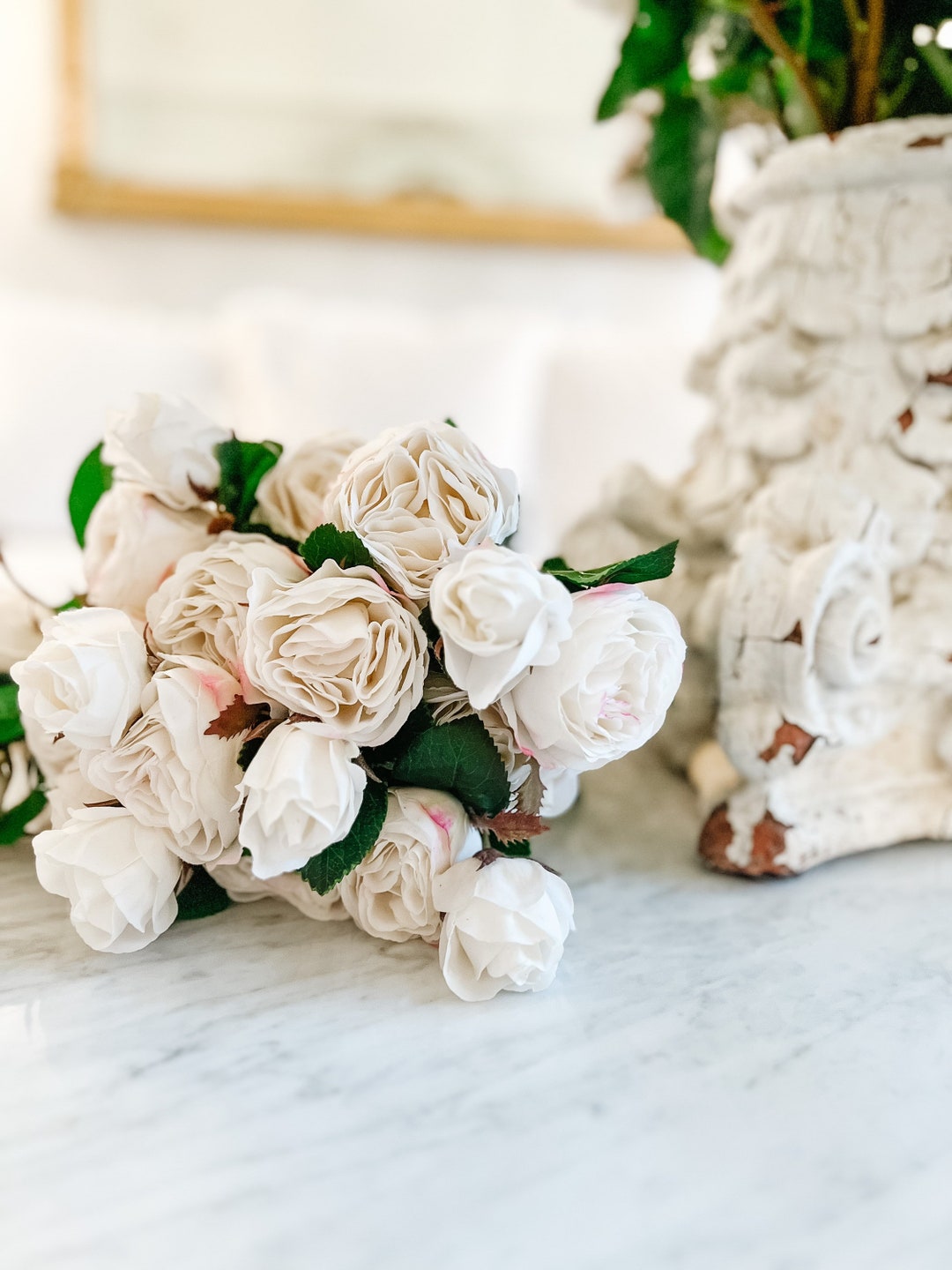 Premium Real Touch jilly White Cabbage Rose Cluster White Floral Stem ...