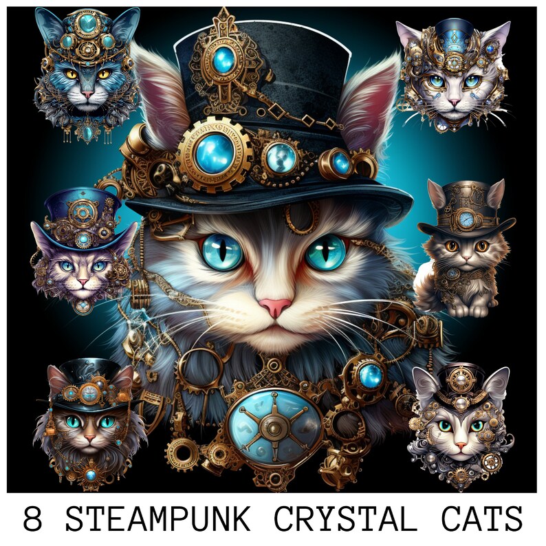 Steampunk Mystical Crystal Cat Clipart PNG Download Bundle - Etsy
