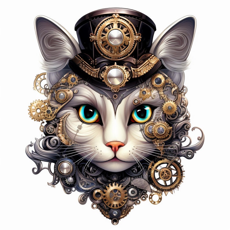 Steampunk Mystical Crystal Cat Clipart PNG Download Bundle - Etsy