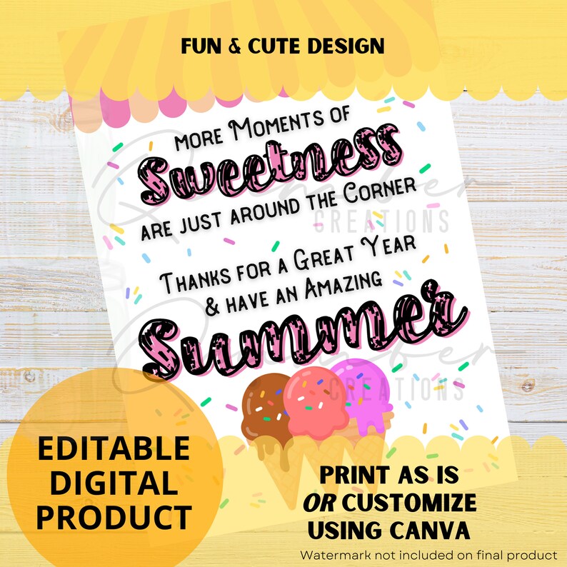End of School Year Gift Tag Ice Cream Moments of Sweetness Editable ...