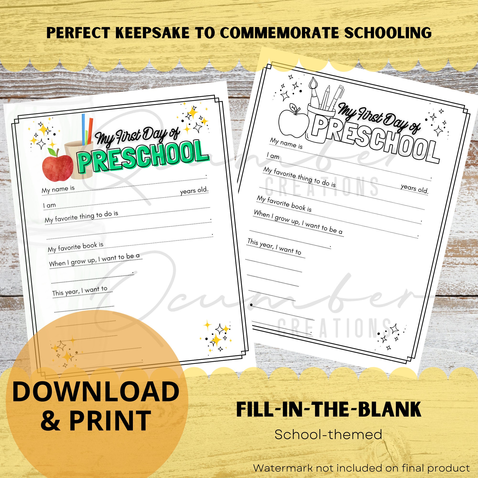 First Day of Preschool Fill in the Blank Template and - Etsy