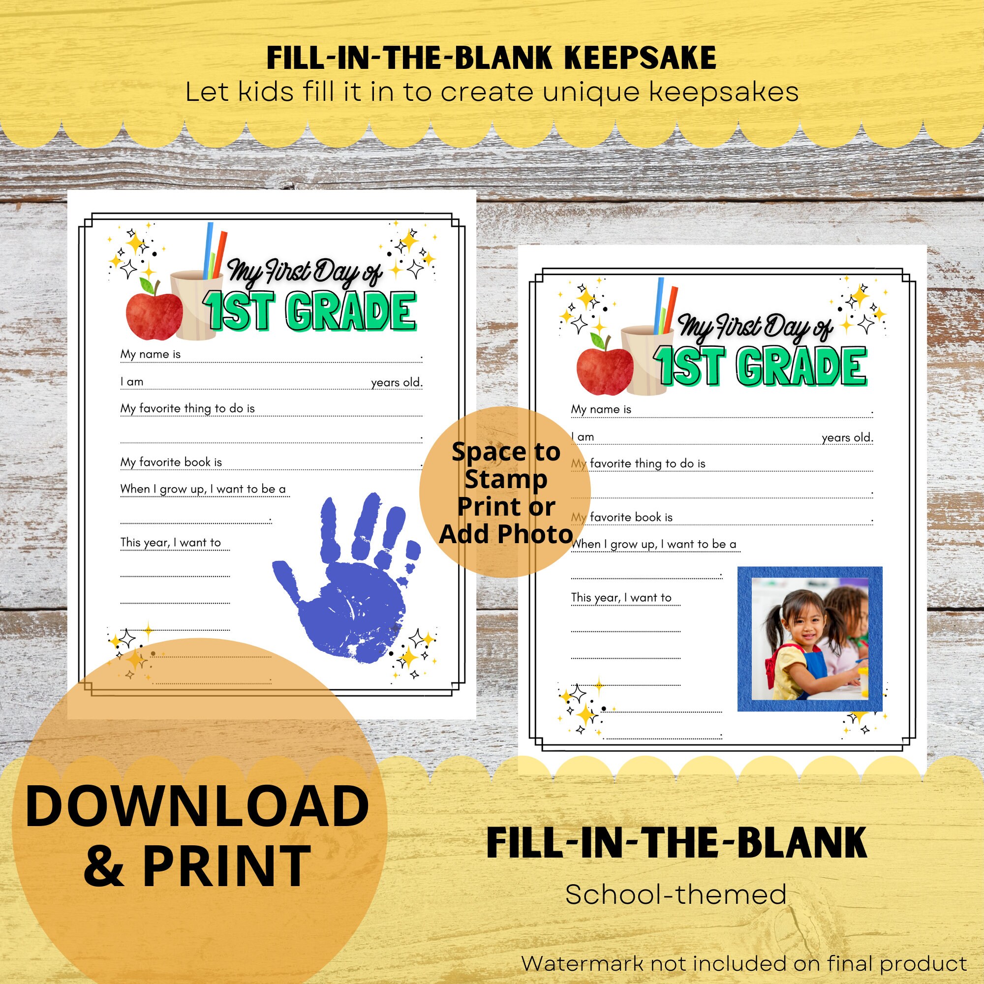 First Day of 1st Grade Fill in the Blank Template and Handprint Craft ...