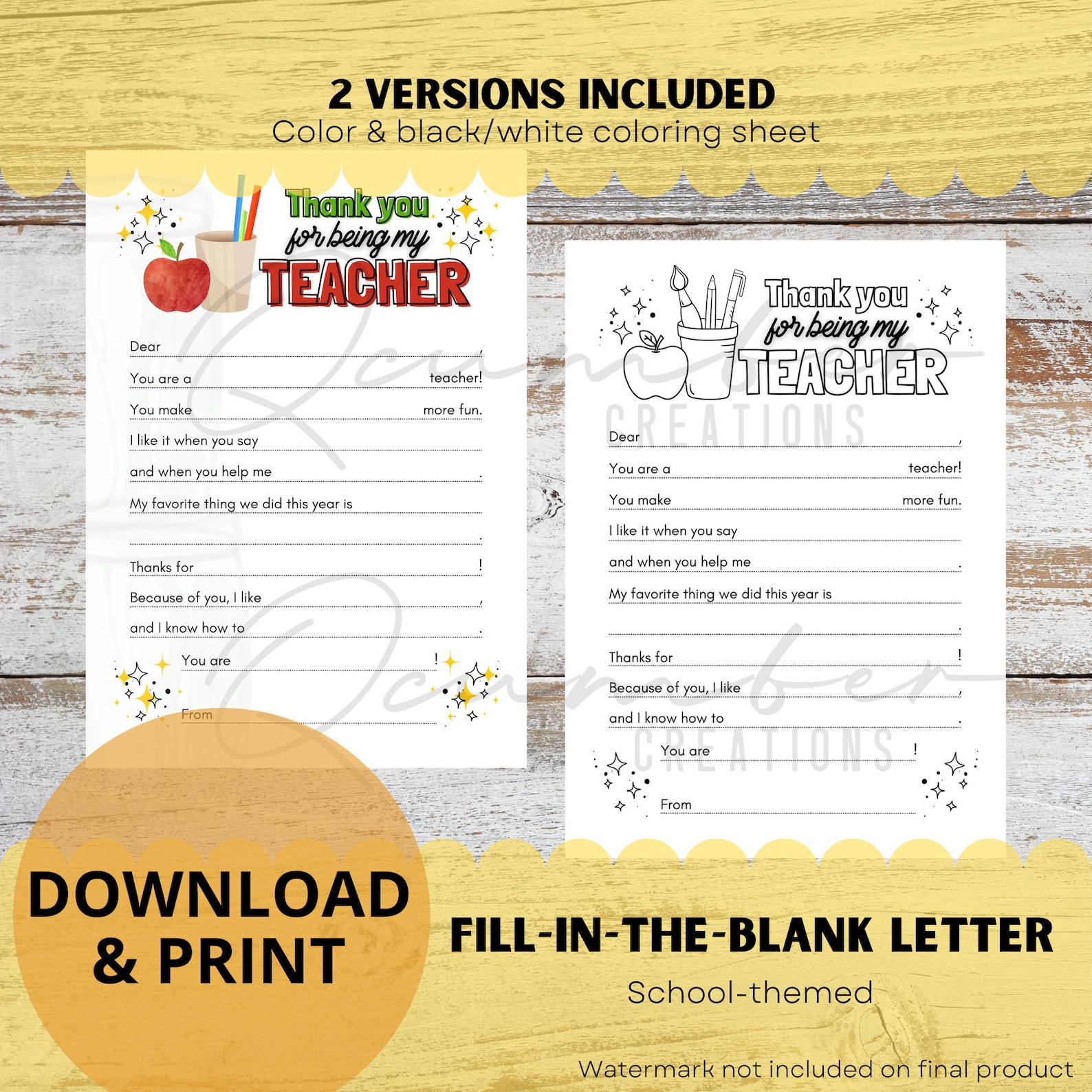 Teacher Appreciation Letter | Fill in the Blank Template | Full Color ...