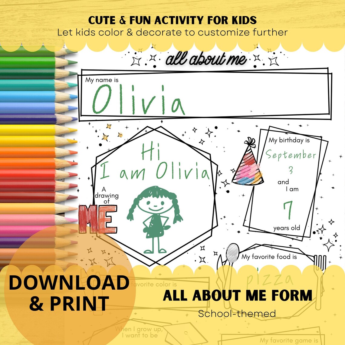 All About Me Form Fill in the Blank Template Full Color & Coloring Page ...