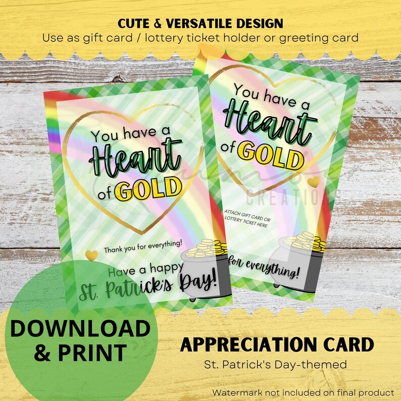 Appreciation Card | St. Patrick's Day | Heart of Gold | Greeting Card ...