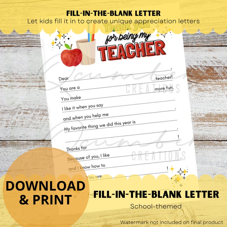 Teacher Appreciation Letter | Fill in the Blank Template | Full Color ...