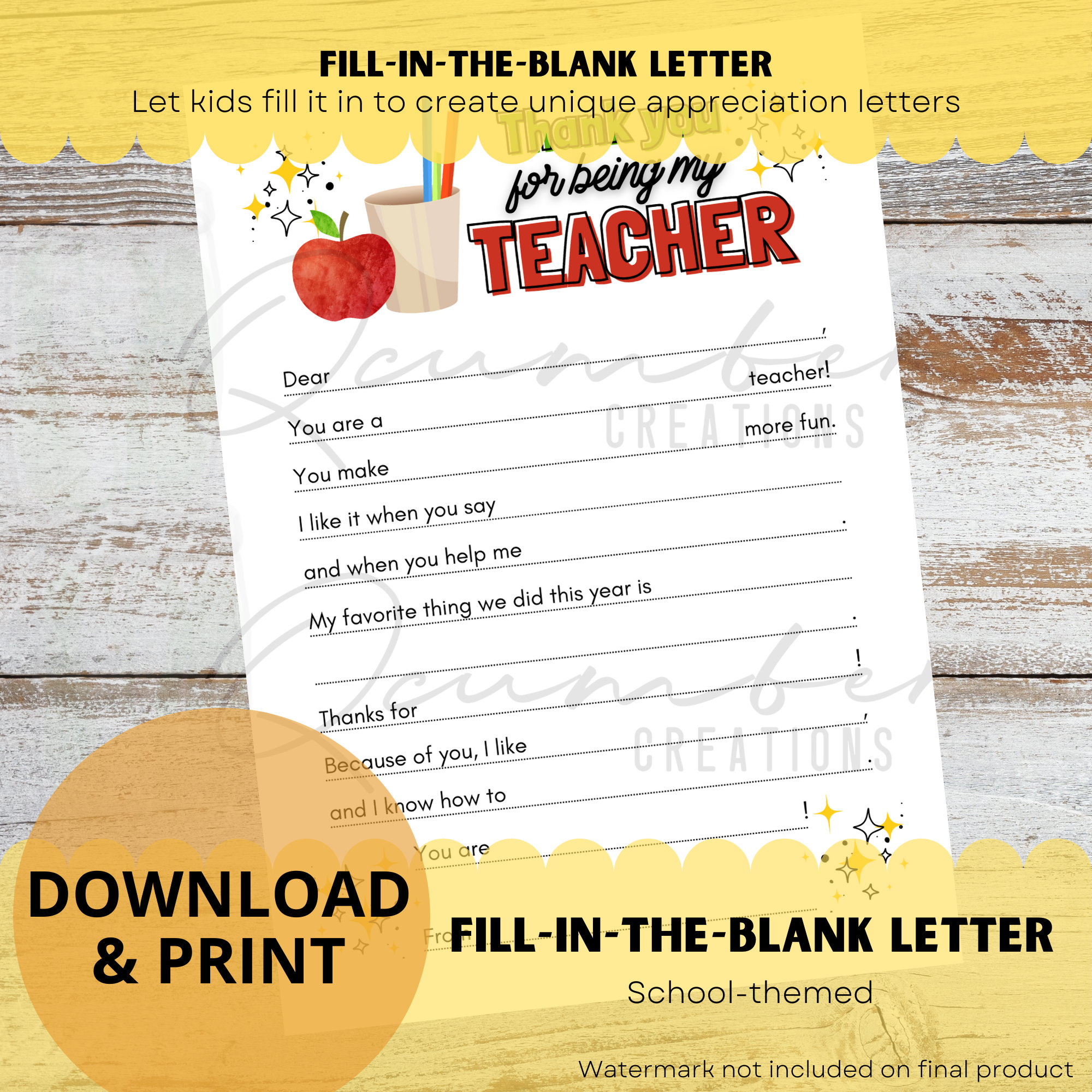 Teacher Appreciation Letter | Fill in the Blank Template | Full Color ...