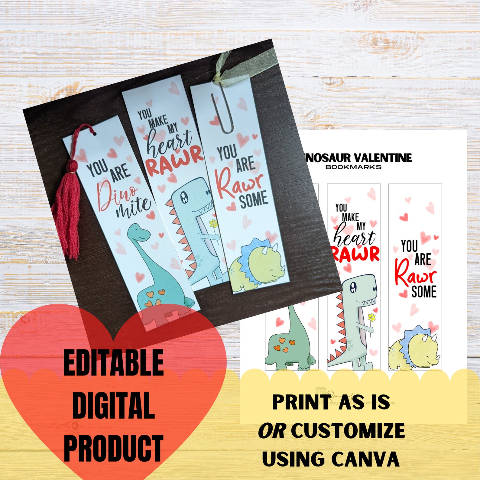 Dinosaur Valentine Bookmarks Printable Ready to Print or Editable With ...