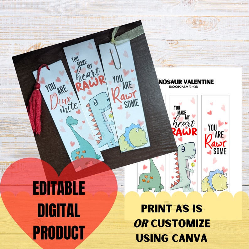 Dinosaur Valentine Bookmarks Printable Ready to Print or Editable With ...