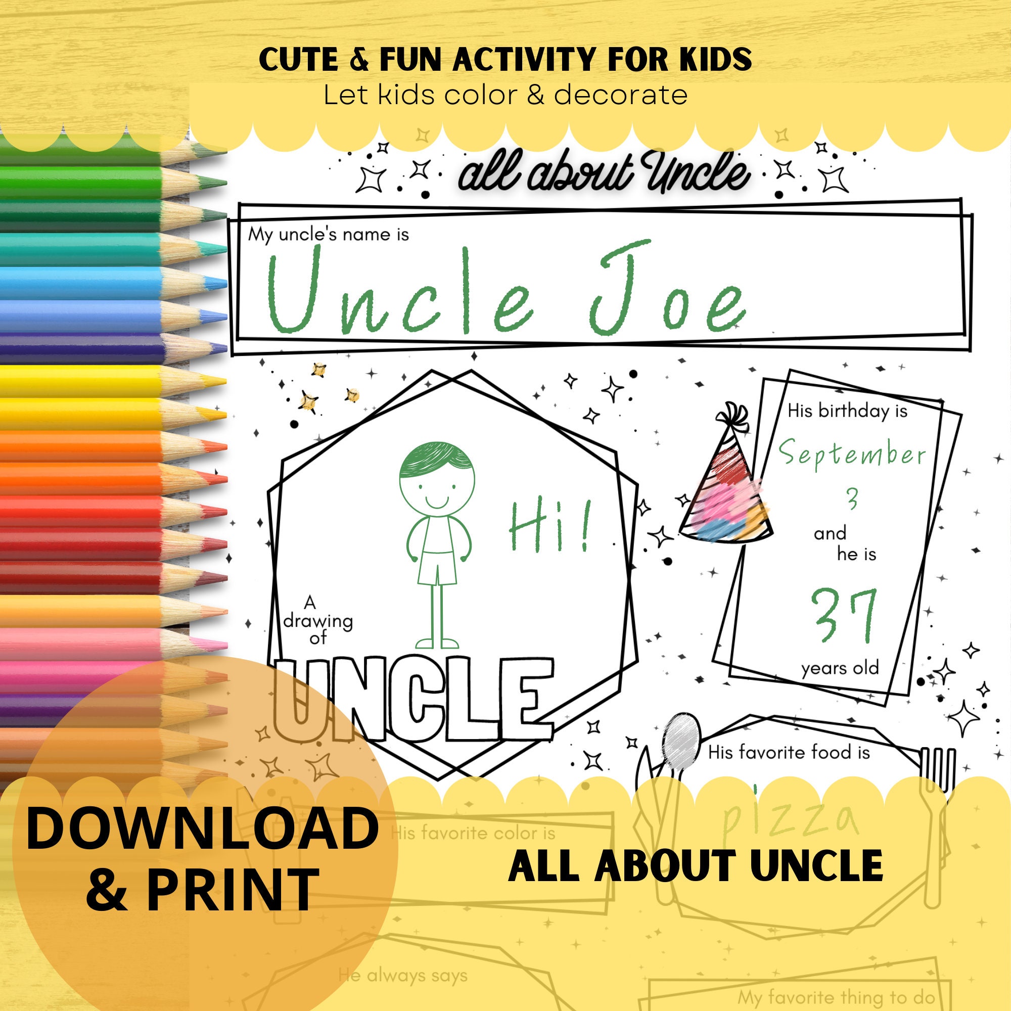 All About Uncle Fill in the Blank Template Full Color & Coloring Page ...