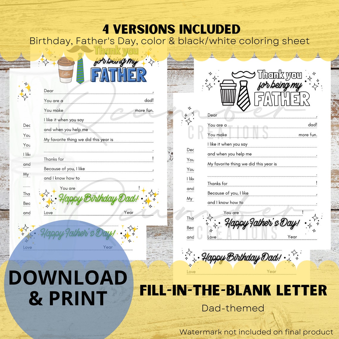 Dad Appreciation Letter Fill in the Blank Template Full Color ...