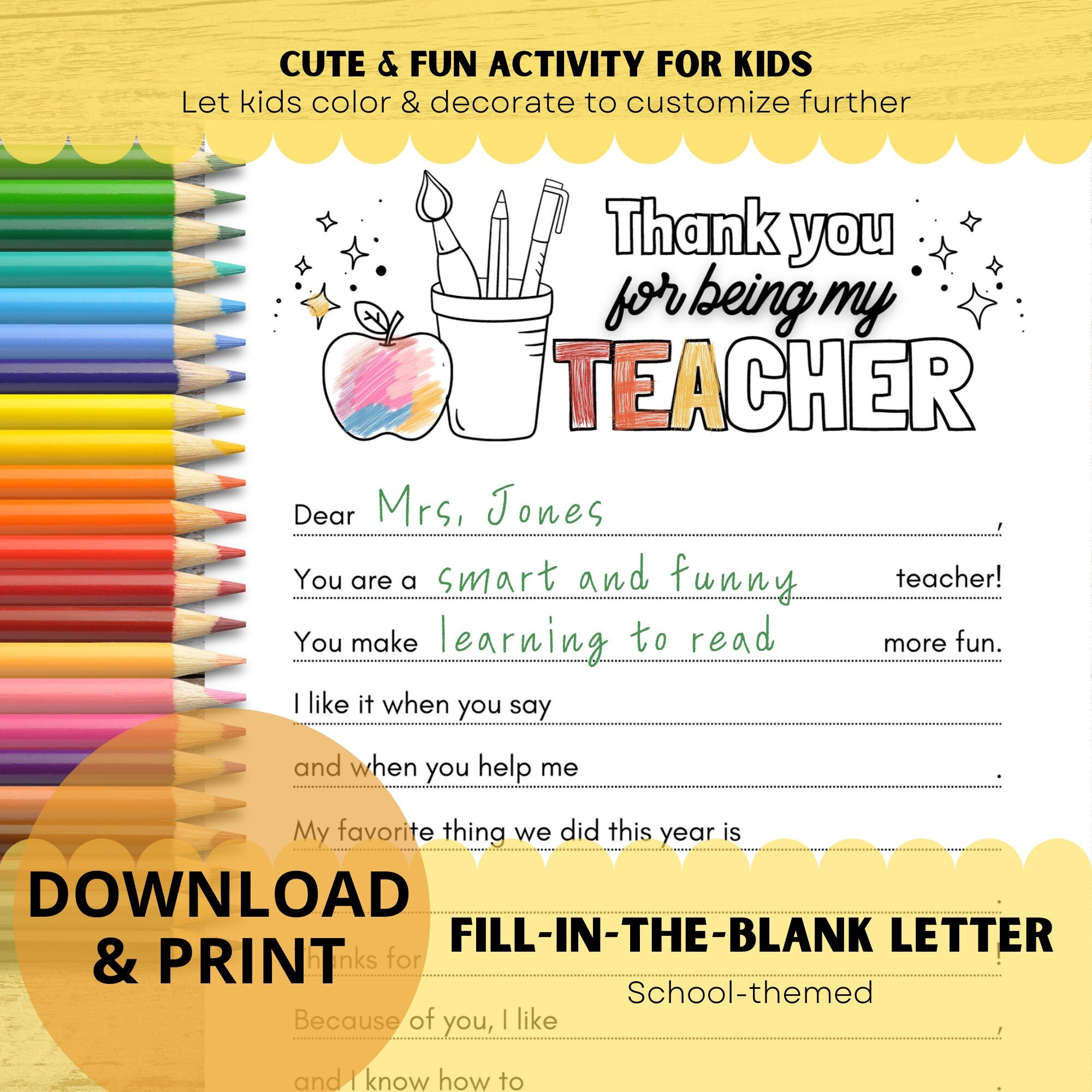 Teacher Appreciation Letter | Fill in the Blank Template | Full Color ...