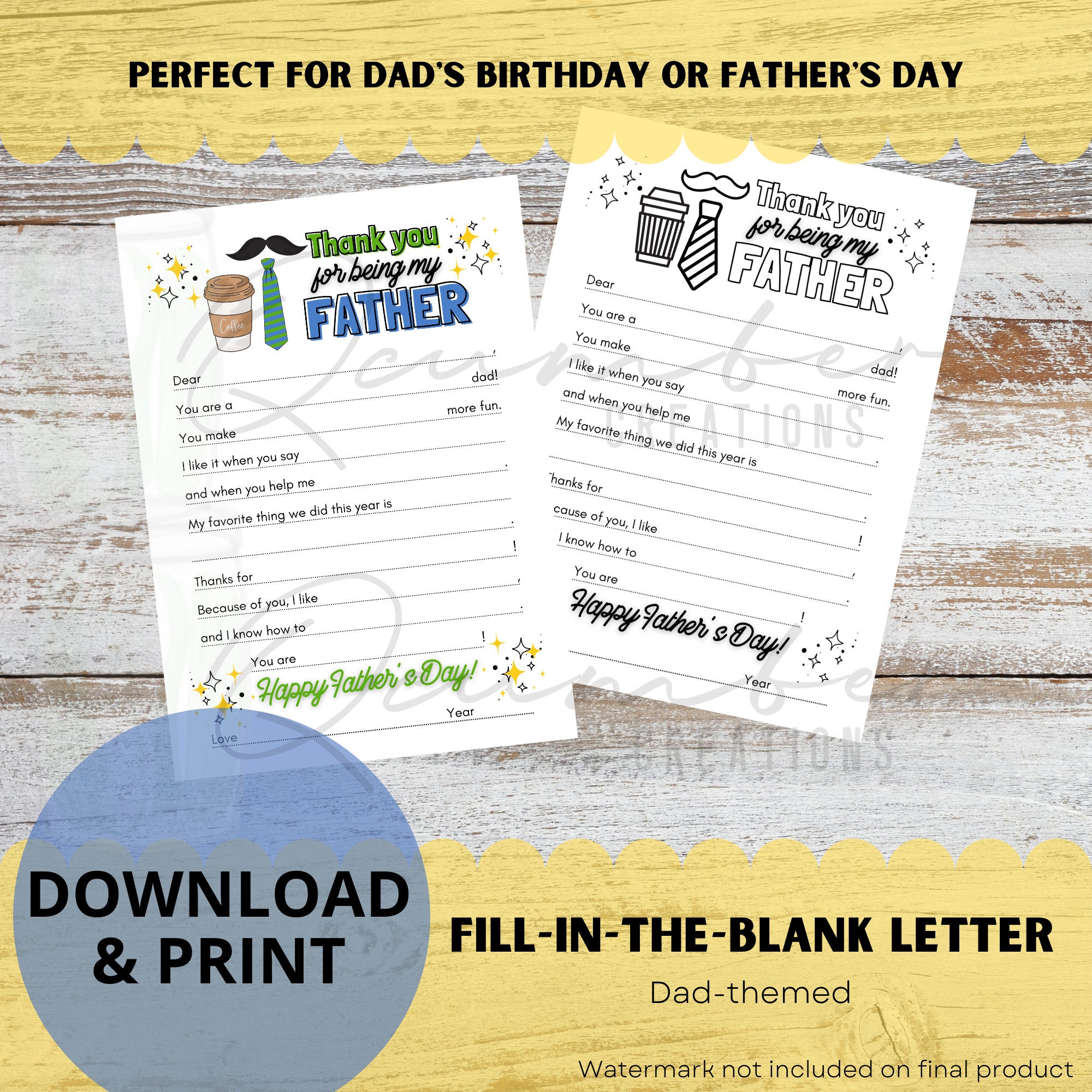 Dad Appreciation Letter Fill in the Blank Template Full Color ...