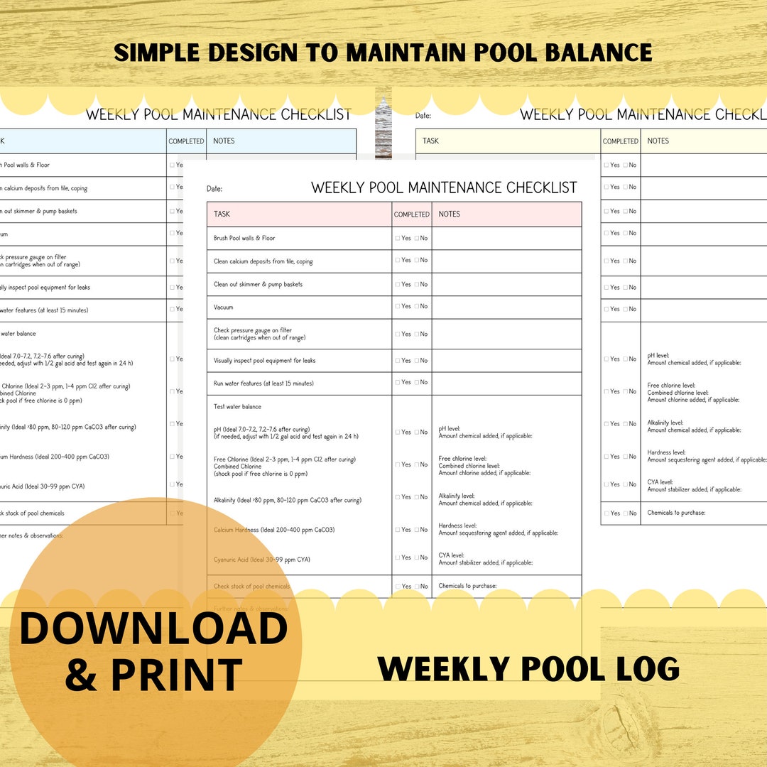 Weekly Pool Maintenance Checklist | Pool Balance Journal | Pool ...