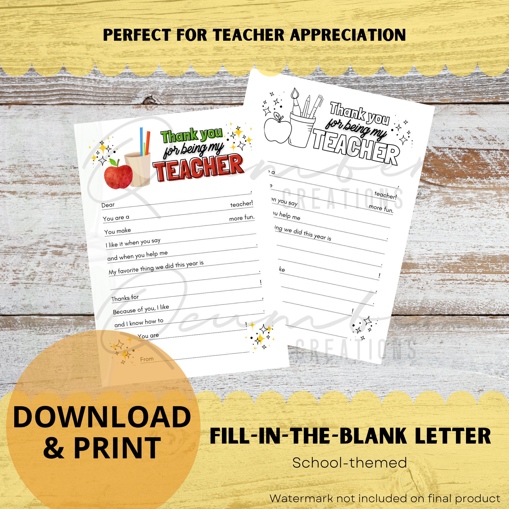 Teacher Appreciation Letter | Fill in the Blank Template | Full Color ...