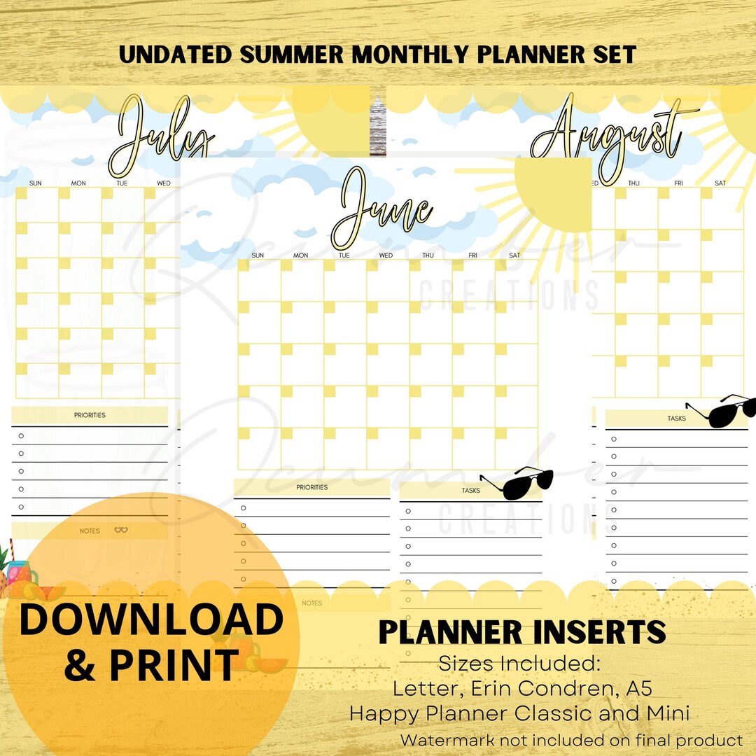 Undated Beach Monthly Planner Insert Summer Planning Sunday Start ...
