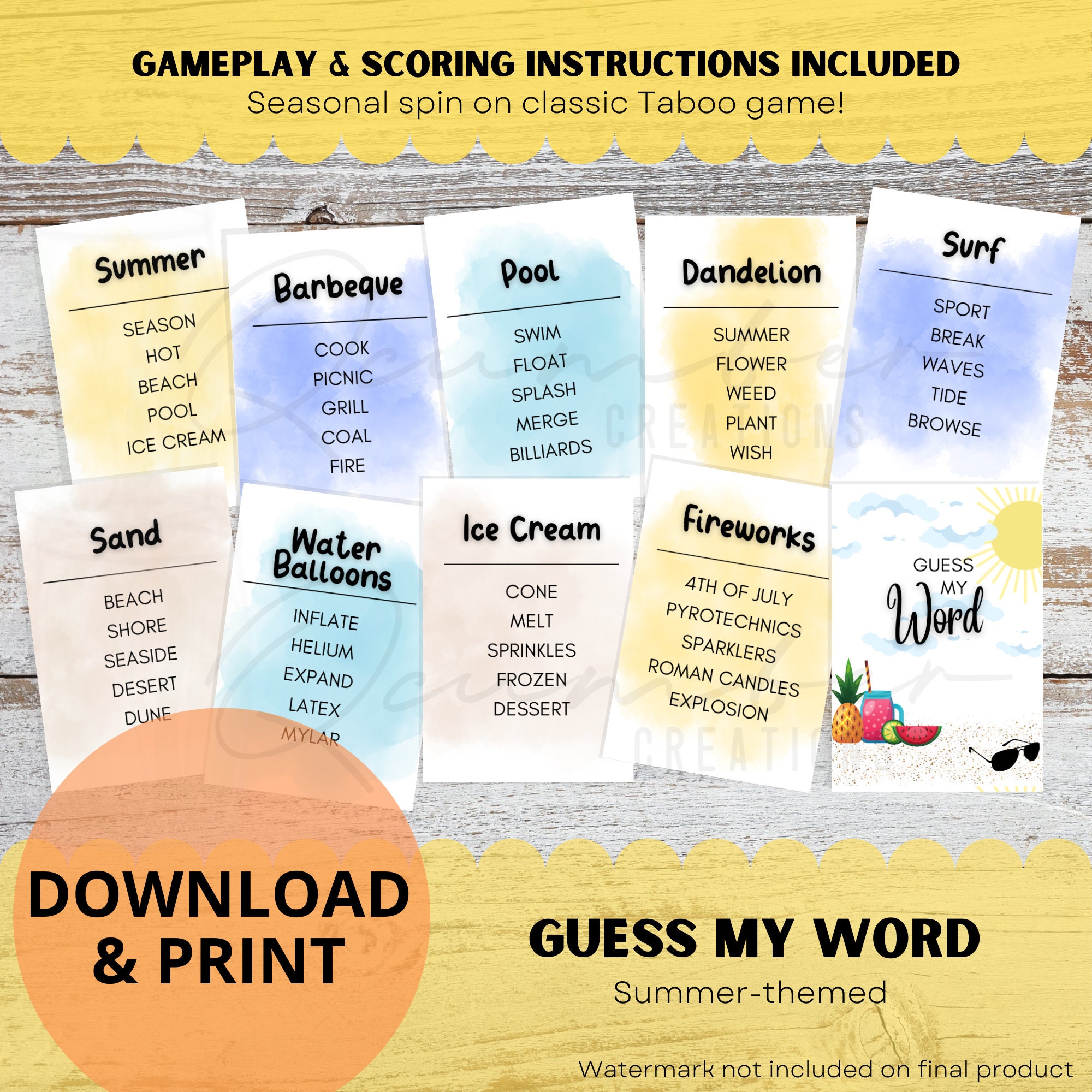 Summertime Guess My Word Game | Taboo Game With Seasonal Twist | 45 ...