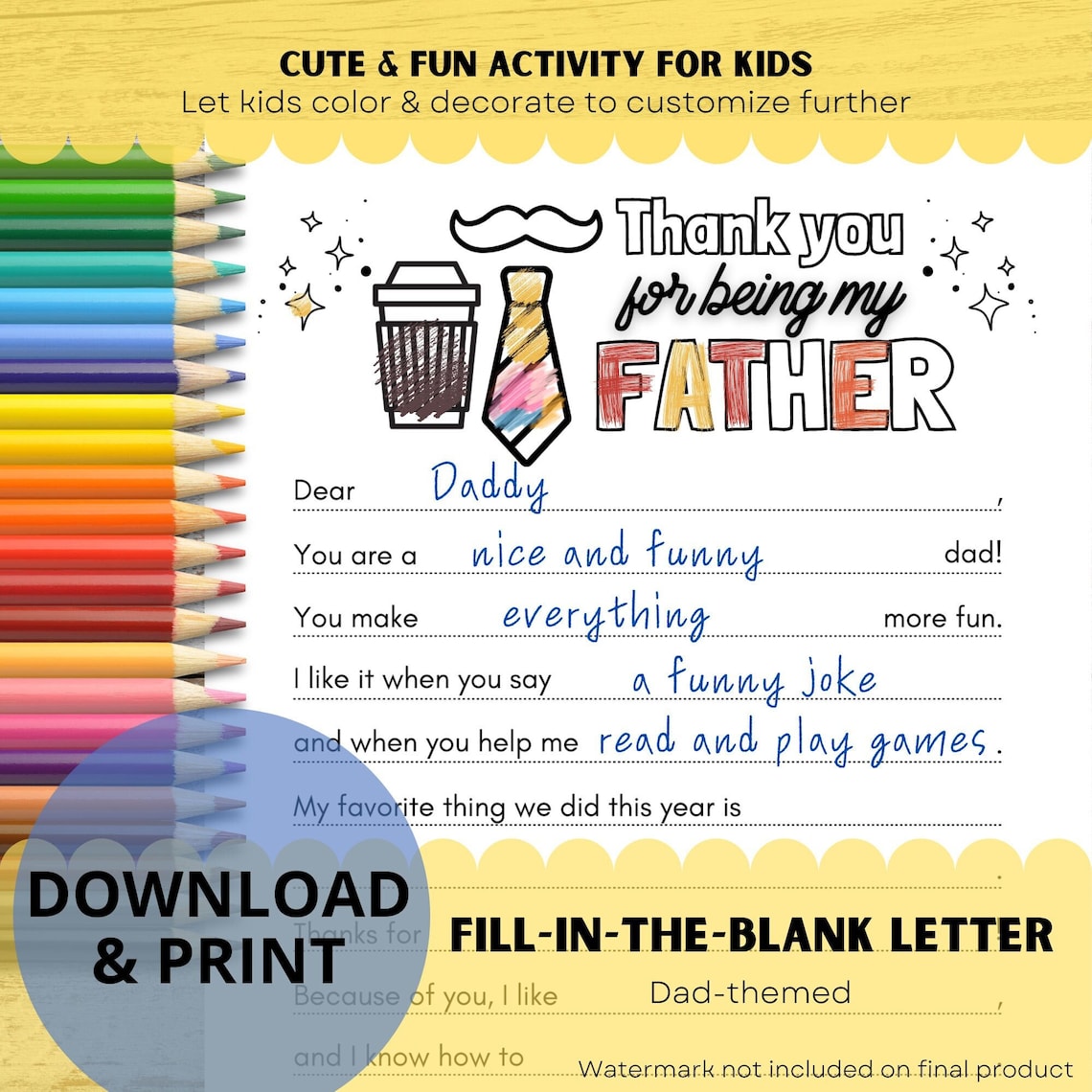 Dad Appreciation Letter Fill in the Blank Template Full Color ...