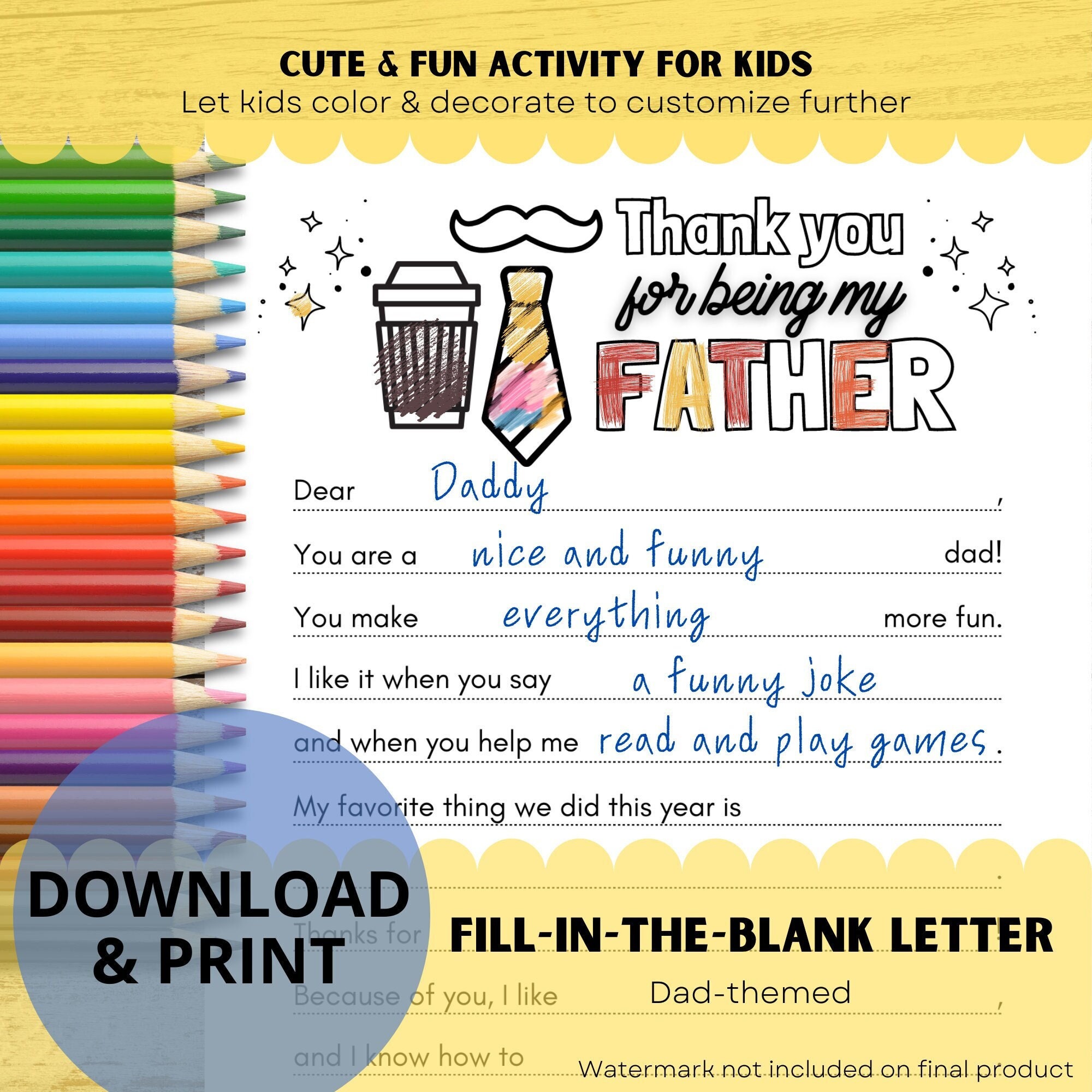 Dad Appreciation Letter Fill in the Blank Template Full Color ...