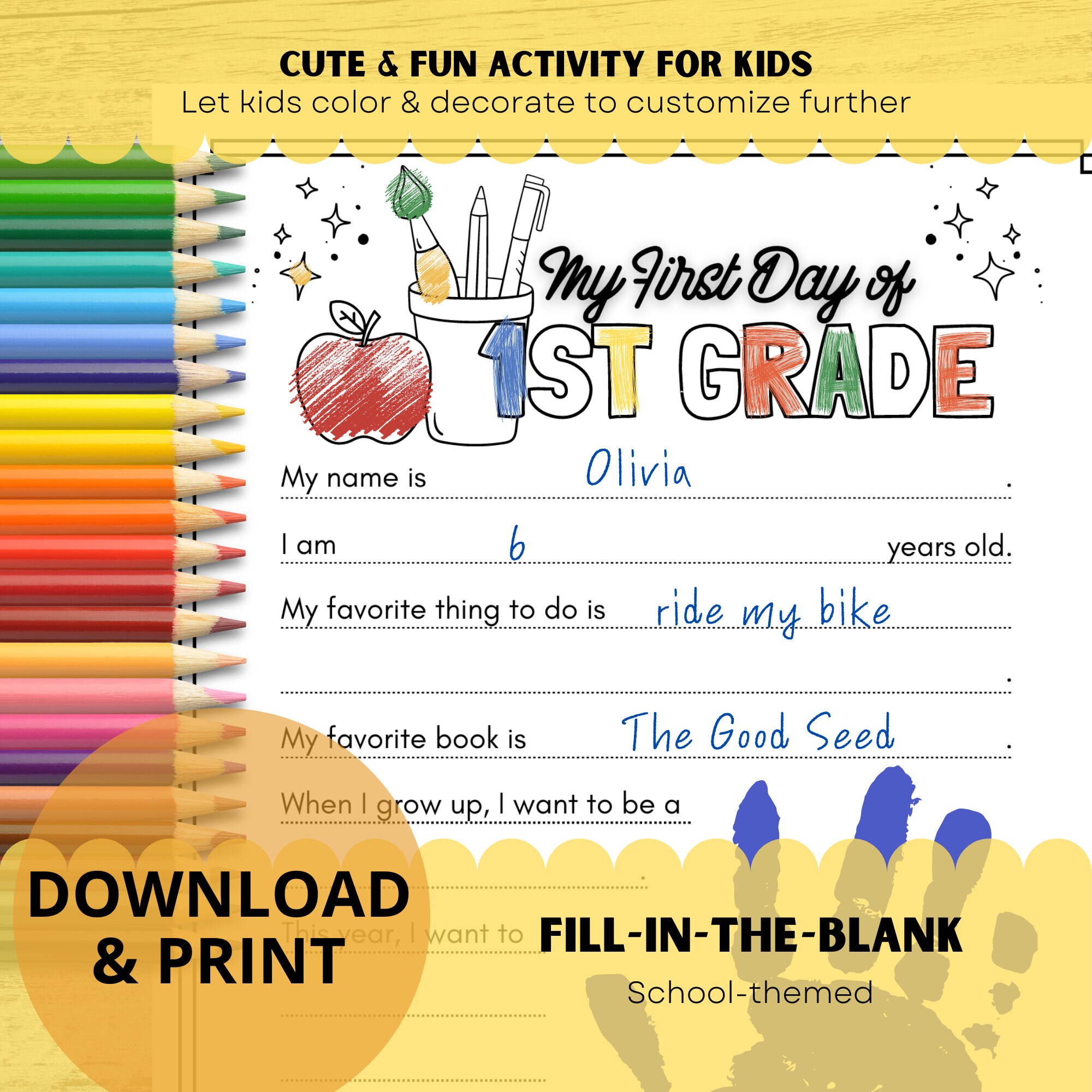 First Day of 1st Grade Fill in the Blank Template and Handprint Craft ...