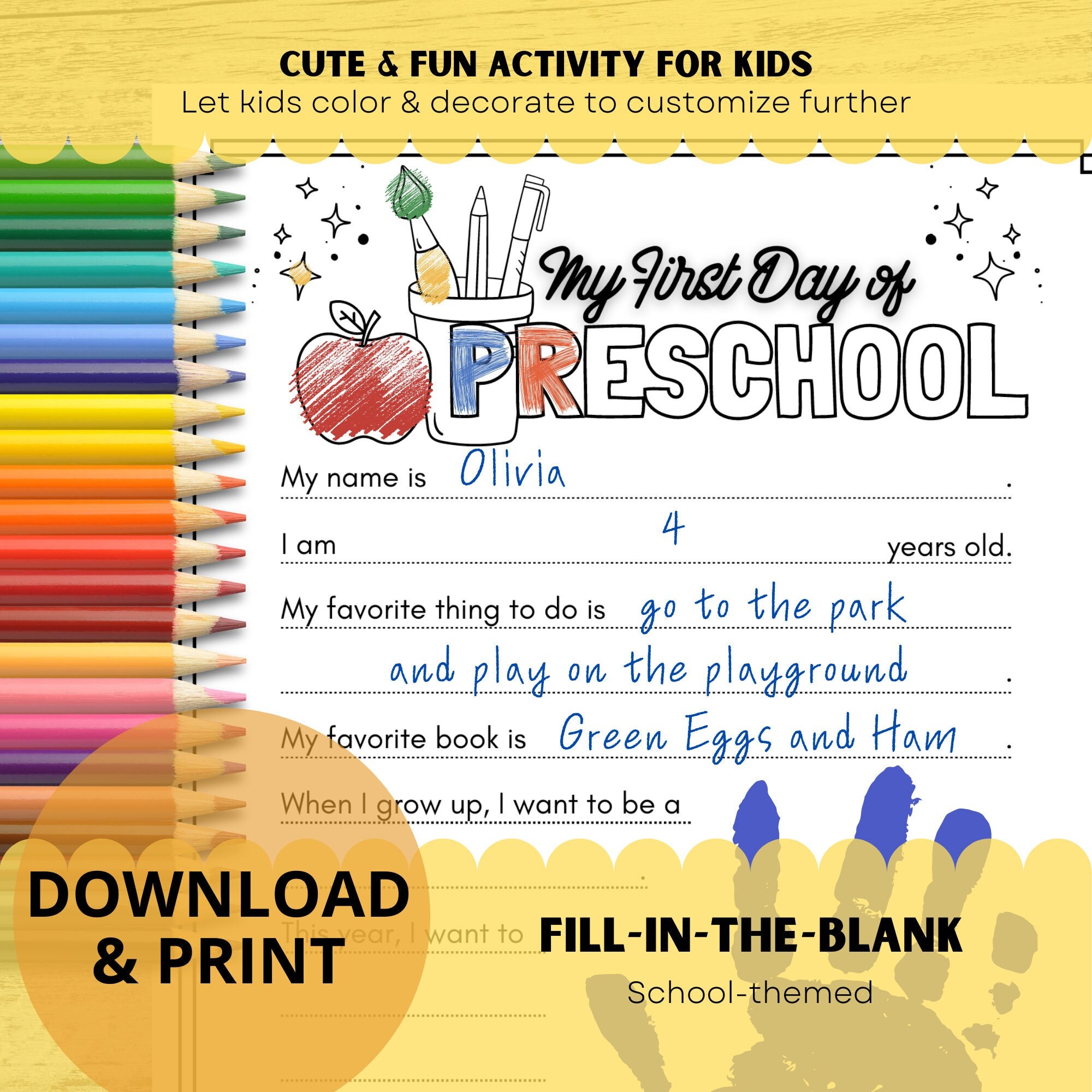 First Day of Preschool Fill in the Blank Template and - Etsy